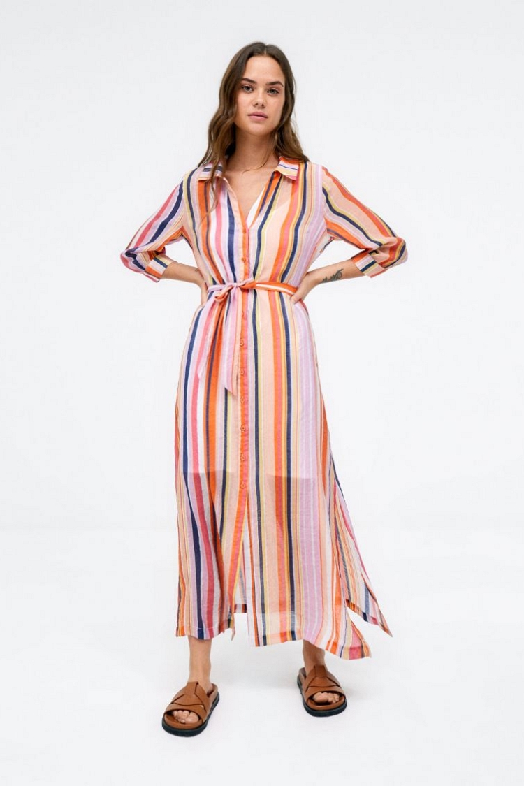 Vestido camisero largo listas Color naranja - Cachepean.com